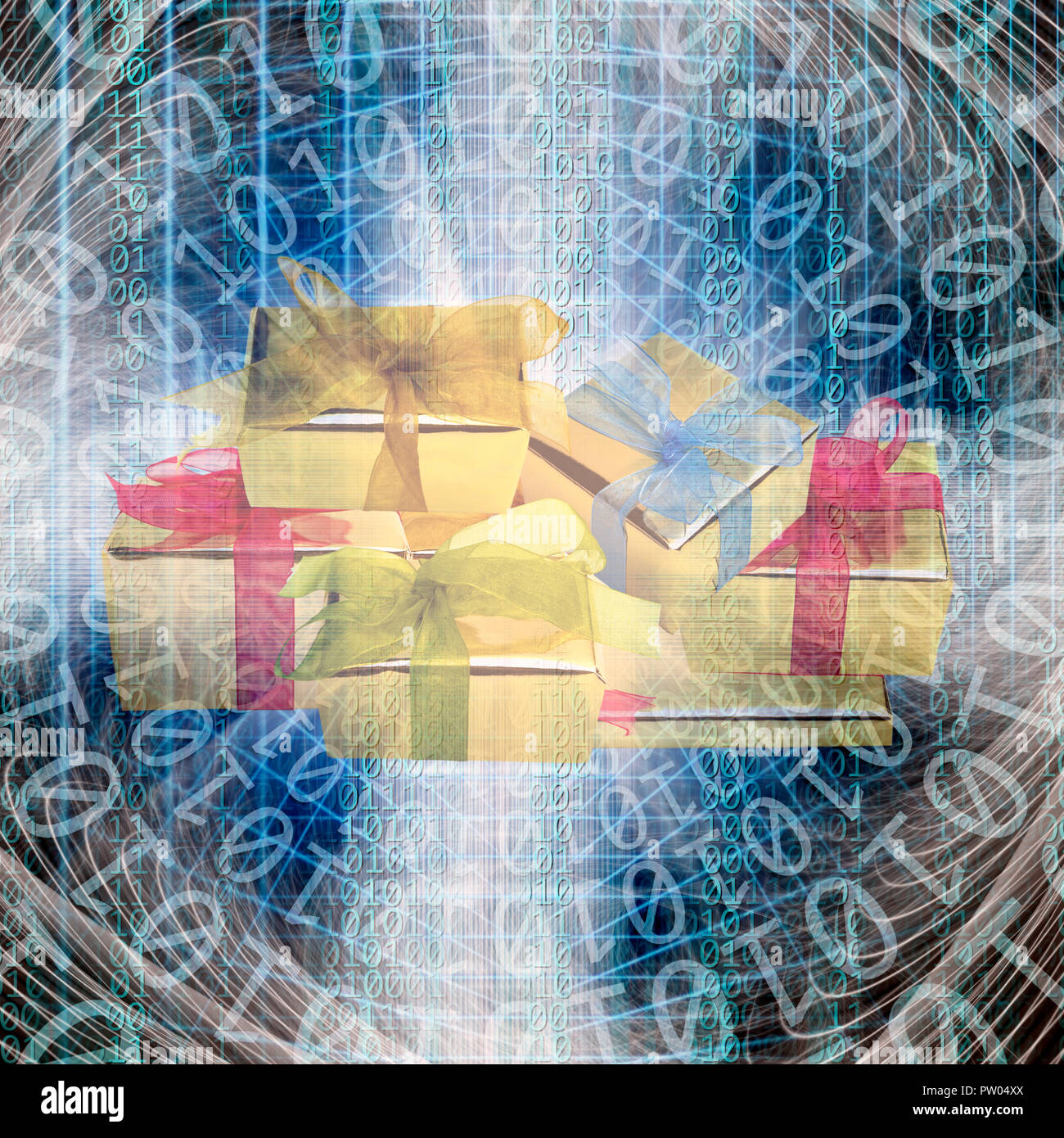 conceptual internet business illustration of binary code and shiny gift ...