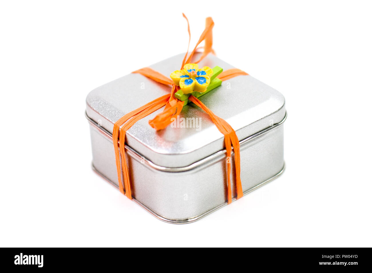 metal gift box with beautiful decoration on white background Stock ...