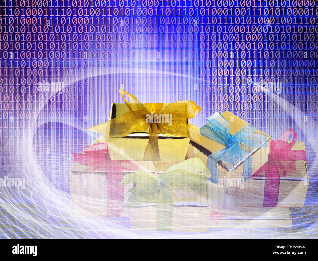 conceptual internet business illustration of binary code and shiny gift ...