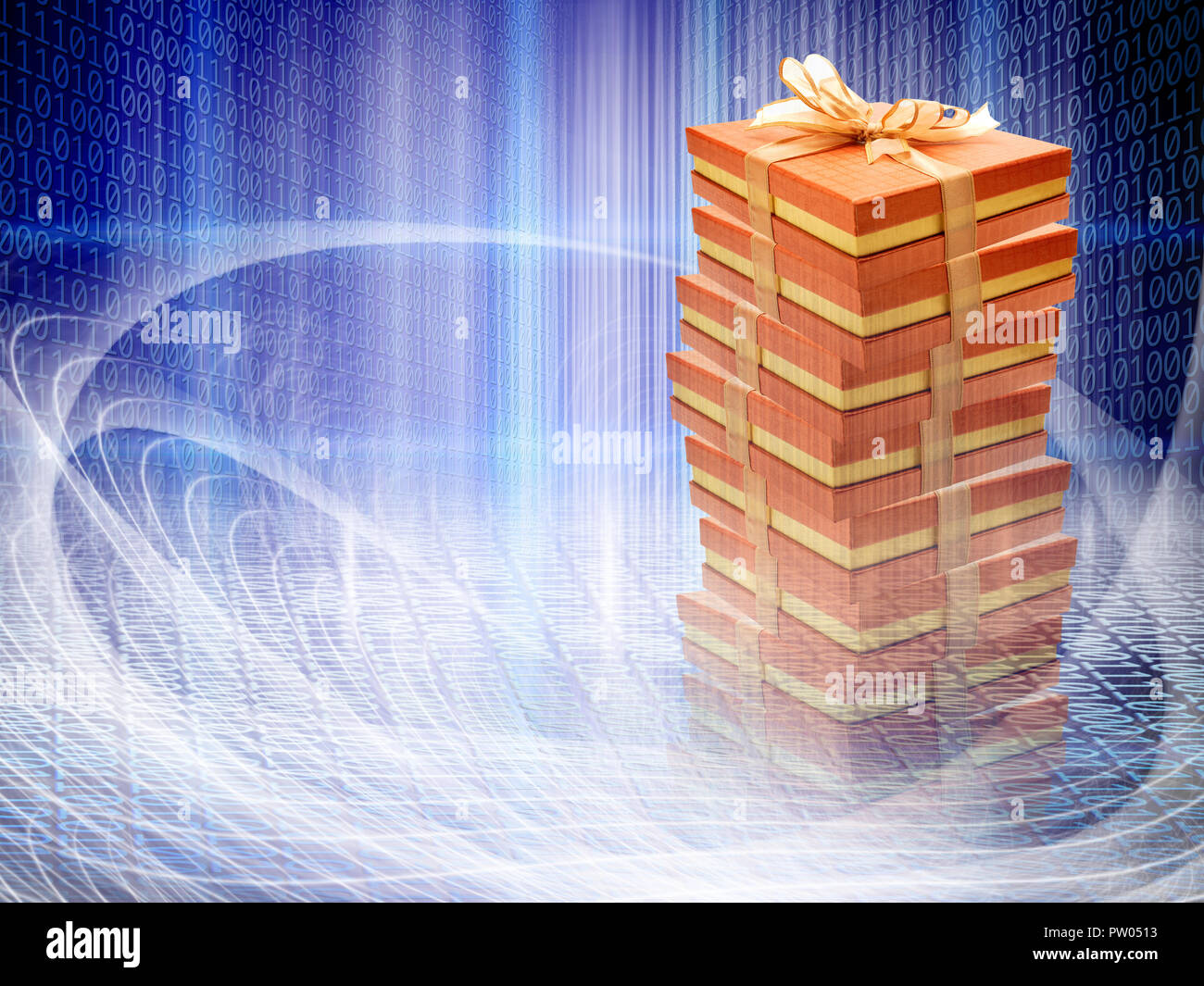 conceptual internet business illustration of binary code and shiny gift ...