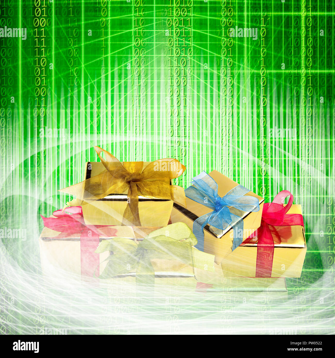 conceptual internet business illustration of binary code and shiny gift ...