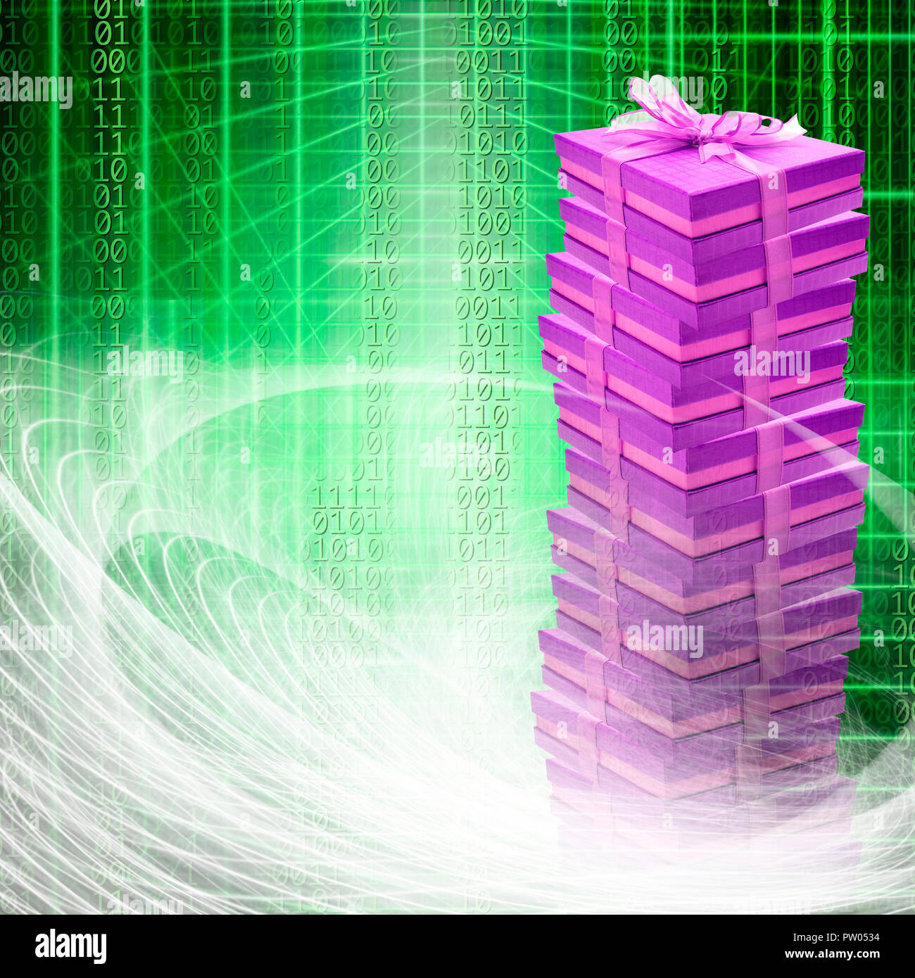 conceptual internet business illustration of binary code and shiny gift ...