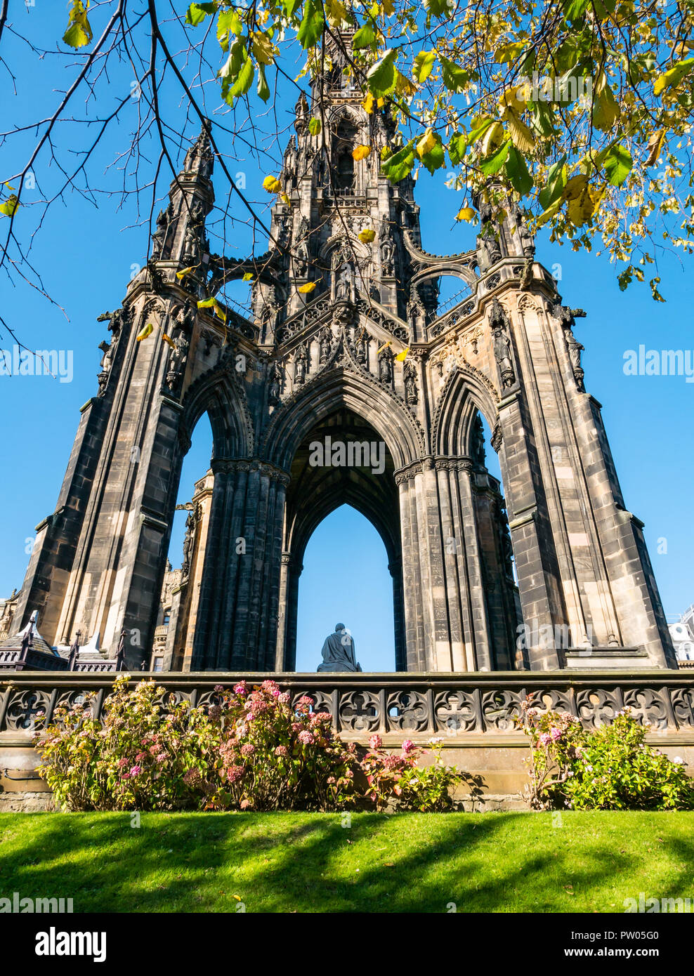 Sir Walter Scott Victorian Gothic monument in Autumn sunshine, Princes ...
