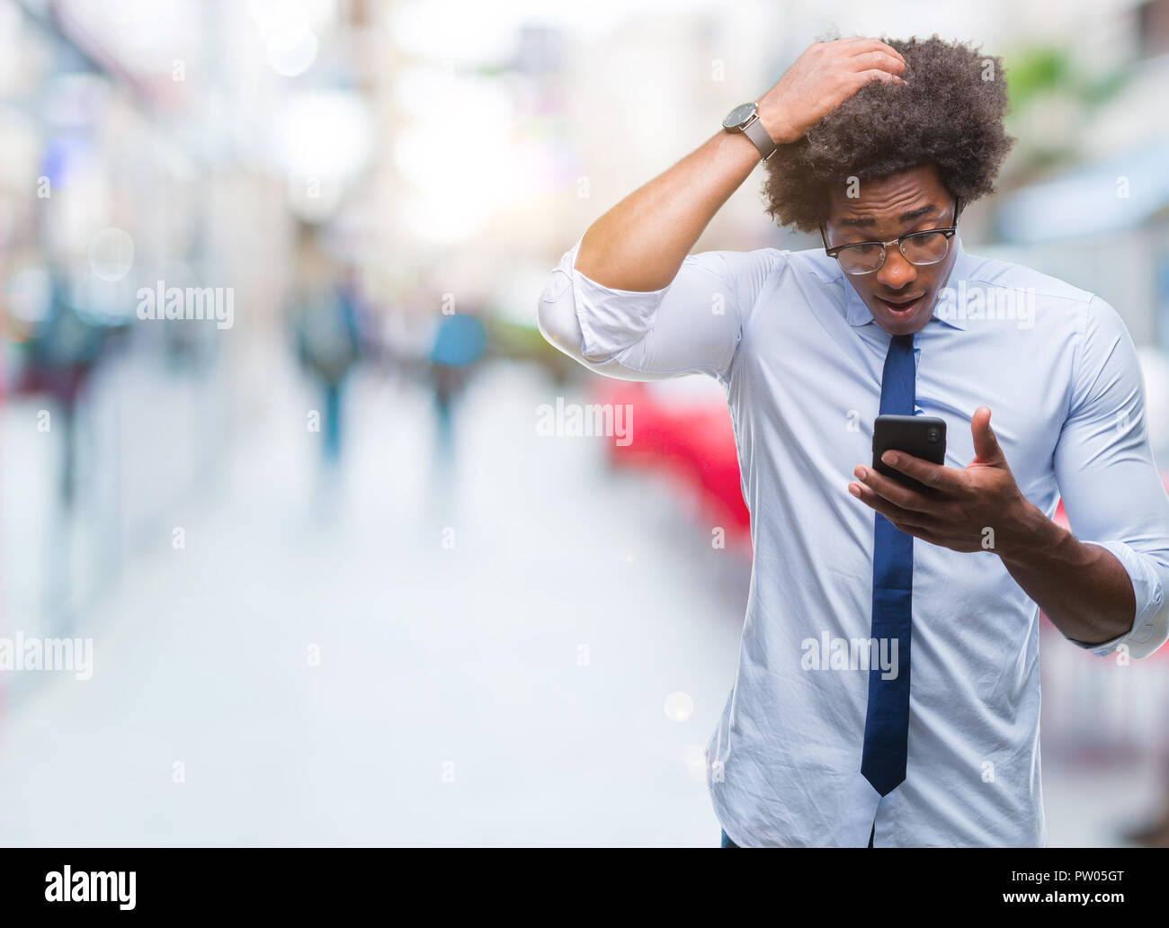 Afro american business man texting using smartphone over isolated ...