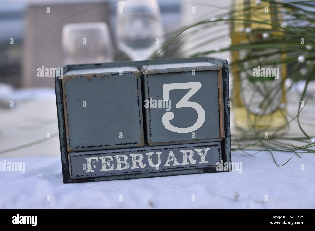 Wood blocks in box with date, day and month 2 February. Wooden blocks ...
