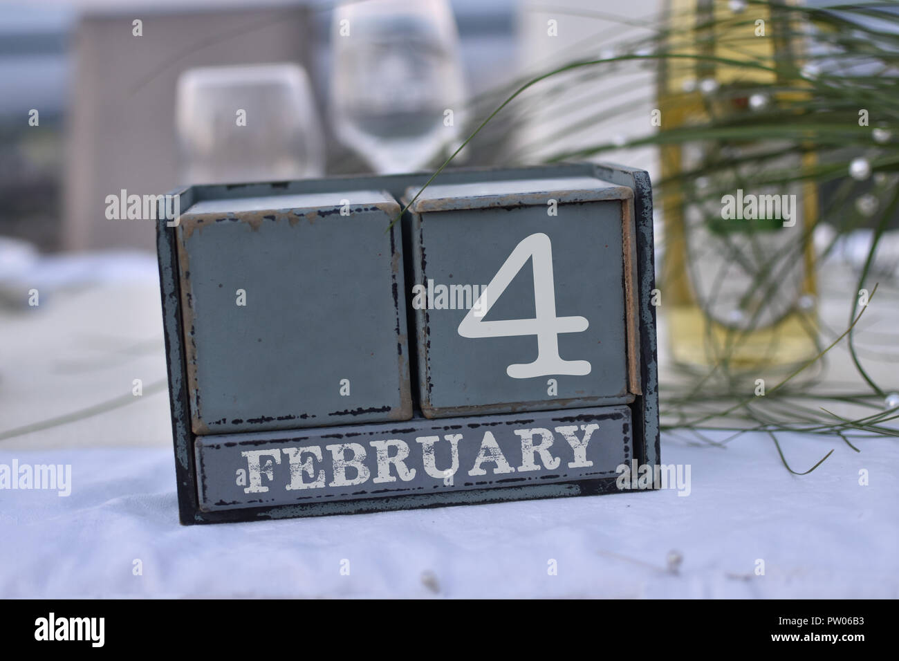 Wood blocks in box with date, day and month 2 February. Wooden blocks ...