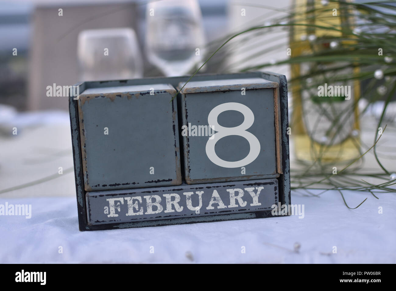 Wood blocks in box with date, day and month 8 February. Wooden blocks ...