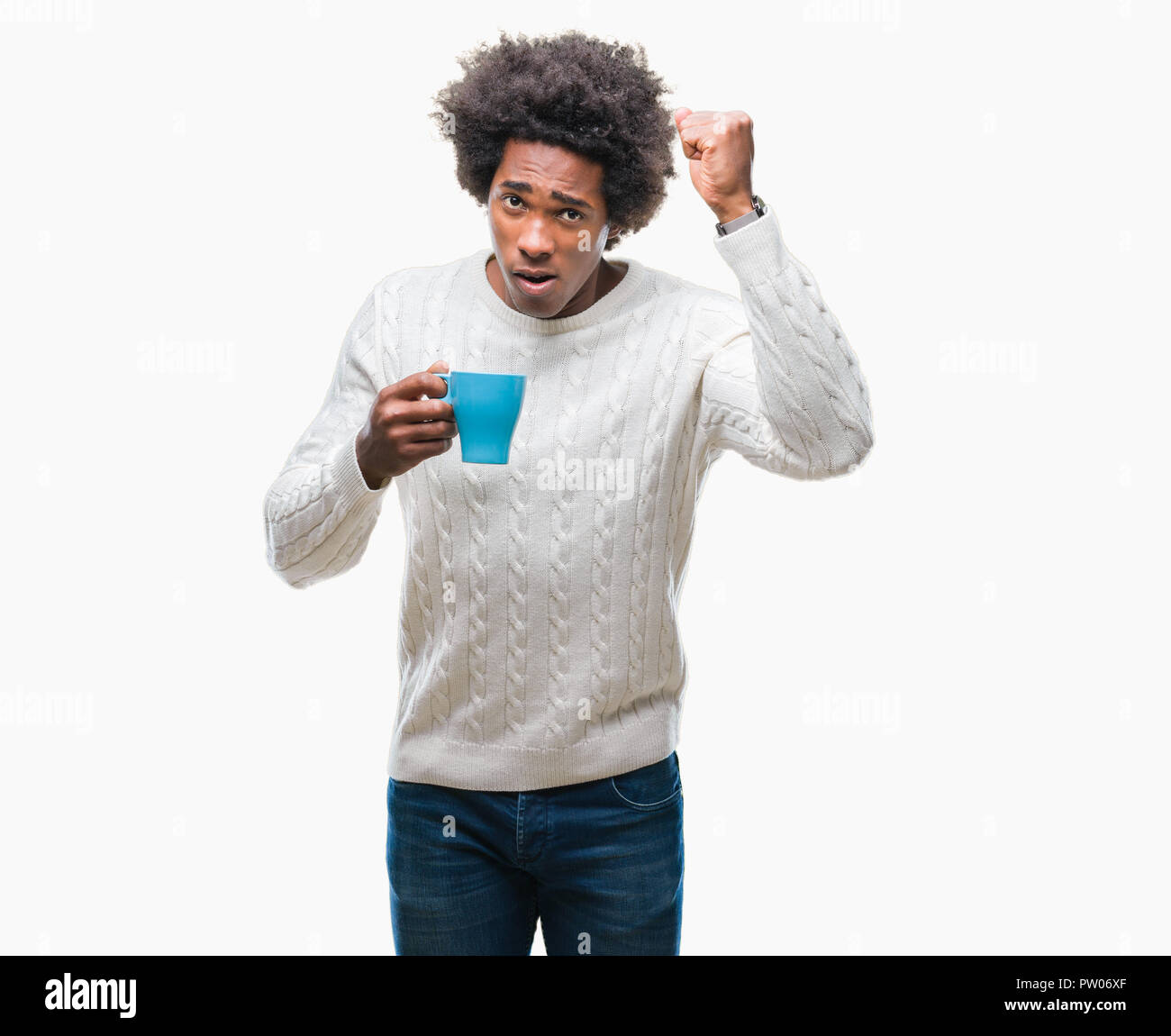 Afro american man drinking cup of coffee over isolated background ...