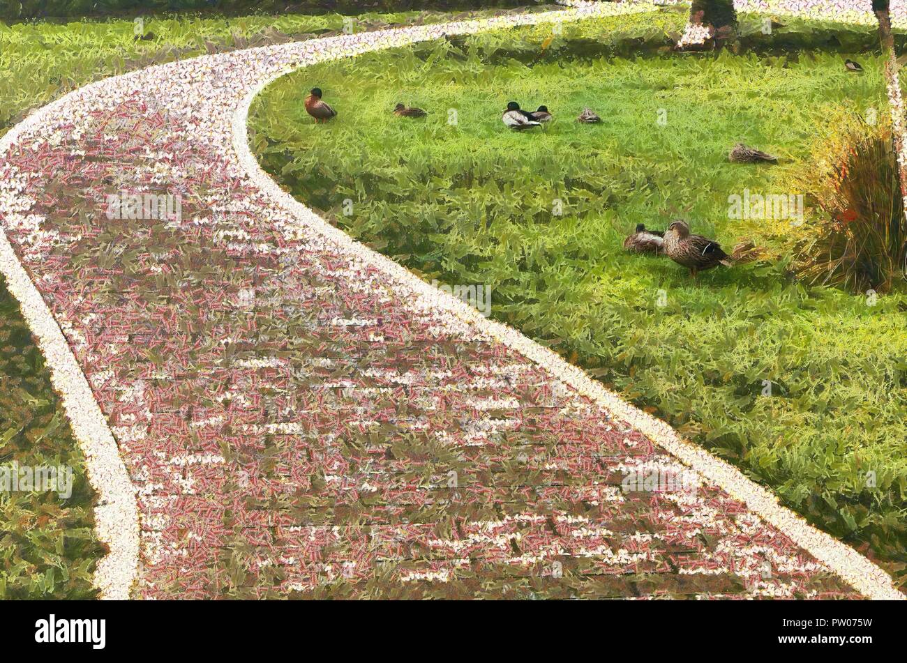 Photo of a curved paved pathway in a park modified to look like a Monet ...