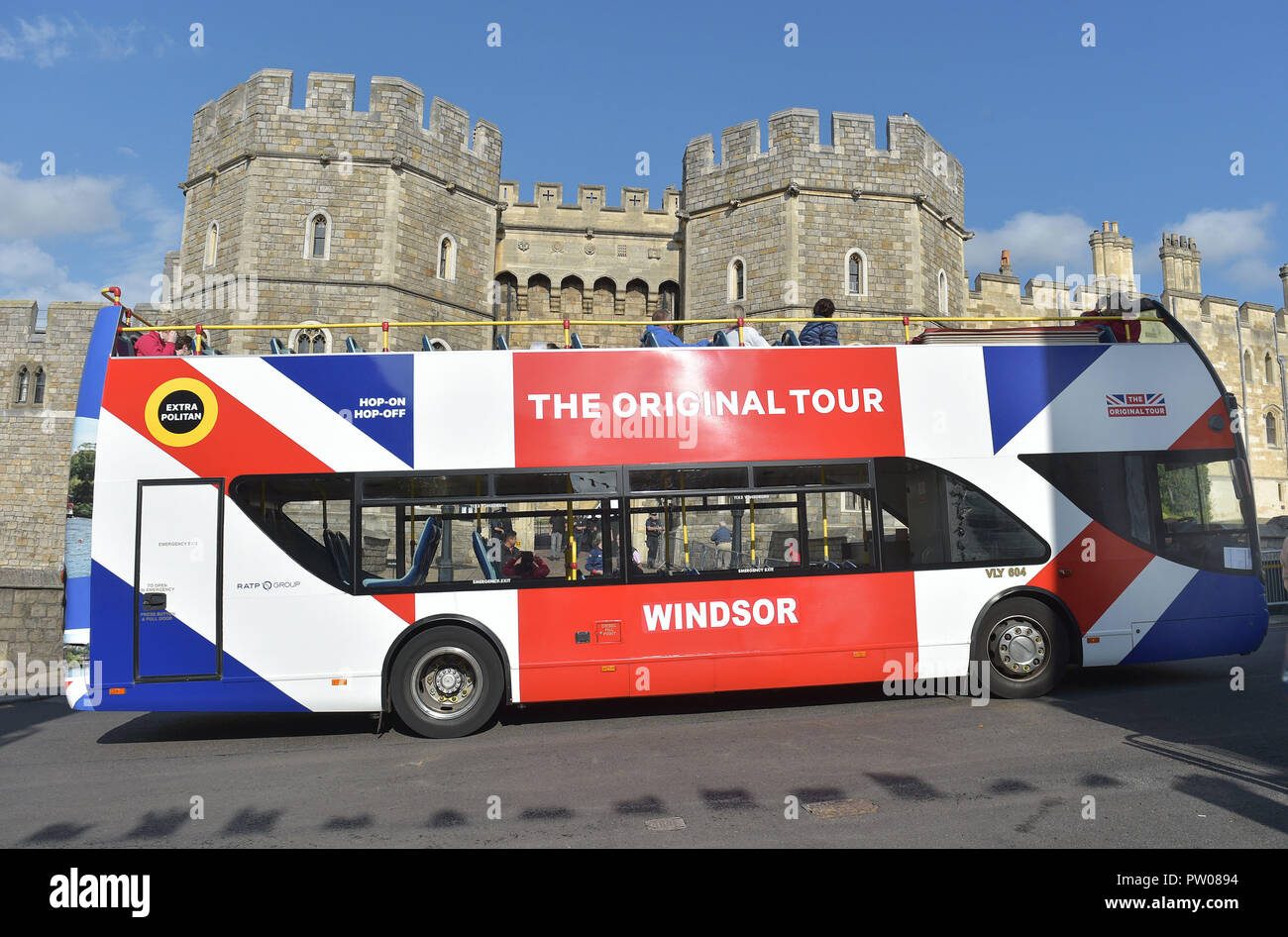 A tour bus passes by Windsor Castle ahead of the wedding of Princess ...