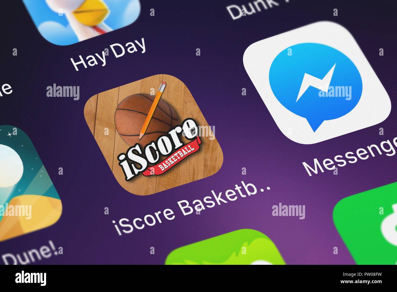 London, United Kingdom - October 11, 2018: Close-up shot of the iScore ...