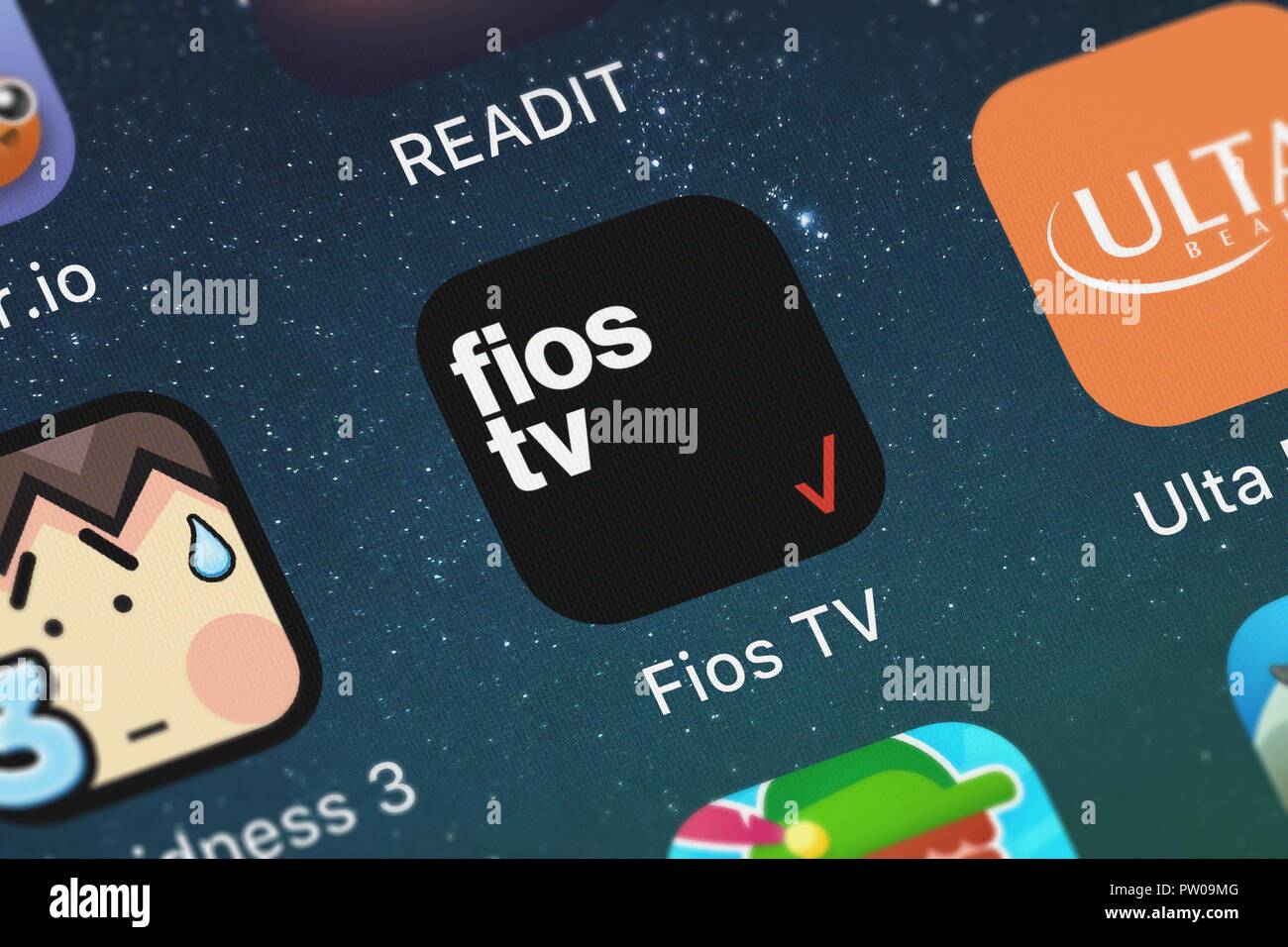 London, United Kingdom - October 11, 2018: Close-up shot of the Fios TV ...