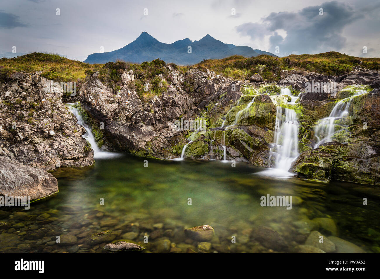 Sligachan Waterfalls with Black Cuillin Mountains in background and low ...