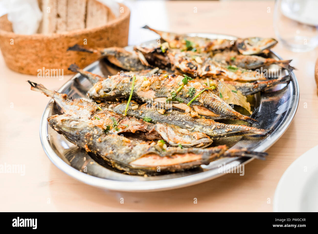 Silver tray full of delicious fish mackerel known as carapau in Portugal Stock Photo - Alamy