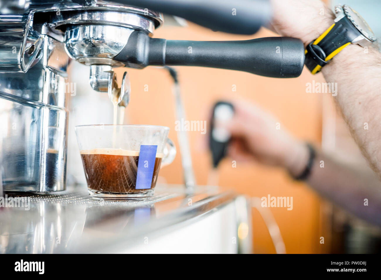 Preparing delicious coffee from coffee machine in the restaurant Stock ...