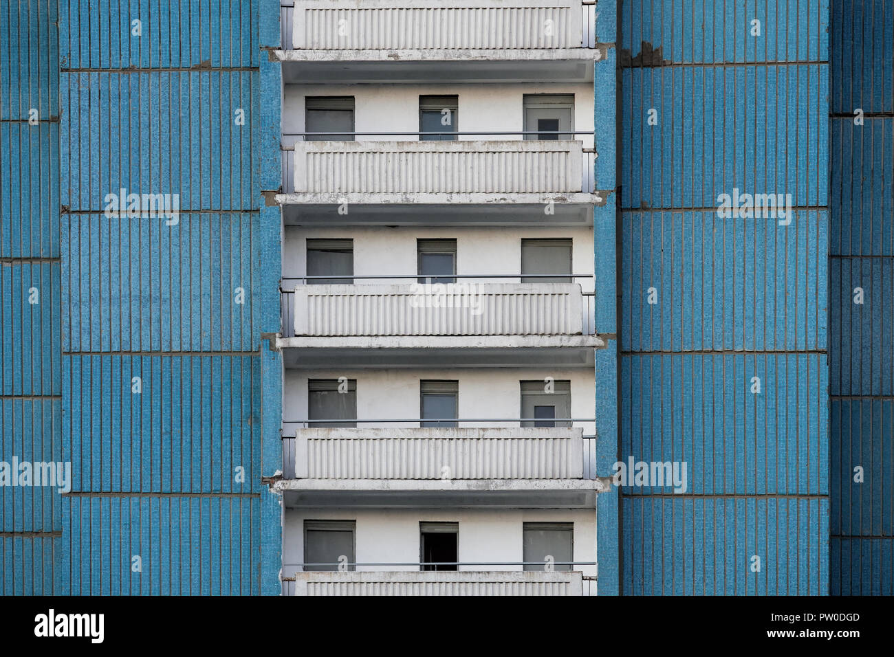 View of the old blue panel house with balconies Stock Photo - Alamy