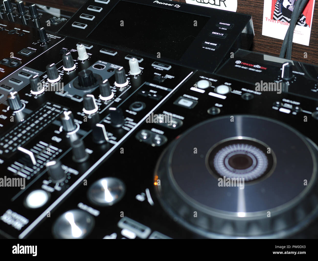 Sound mixing console detail, close up. DJ professional music console ...