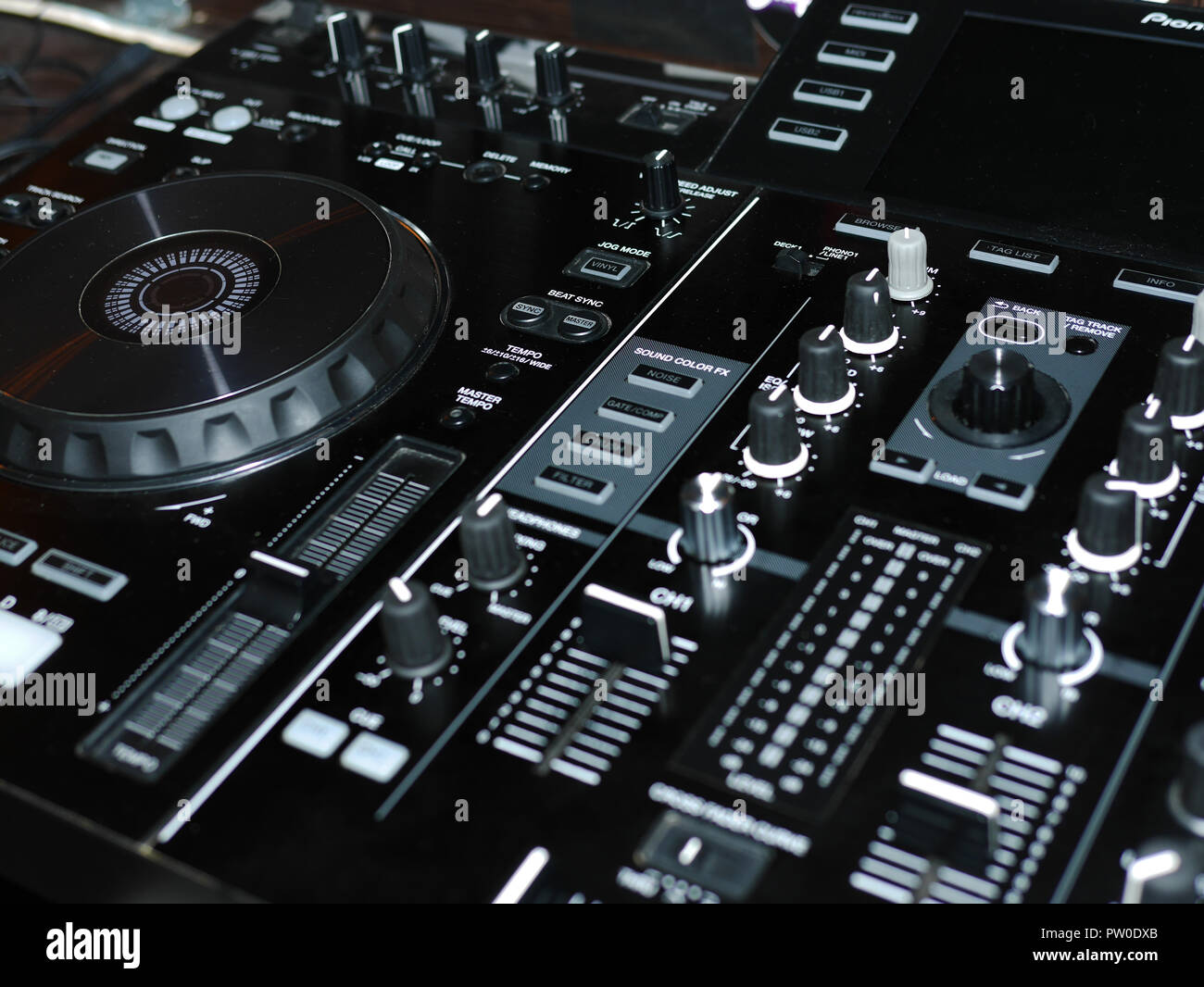 Sound mixing console detail, close up. DJ professional music console ...