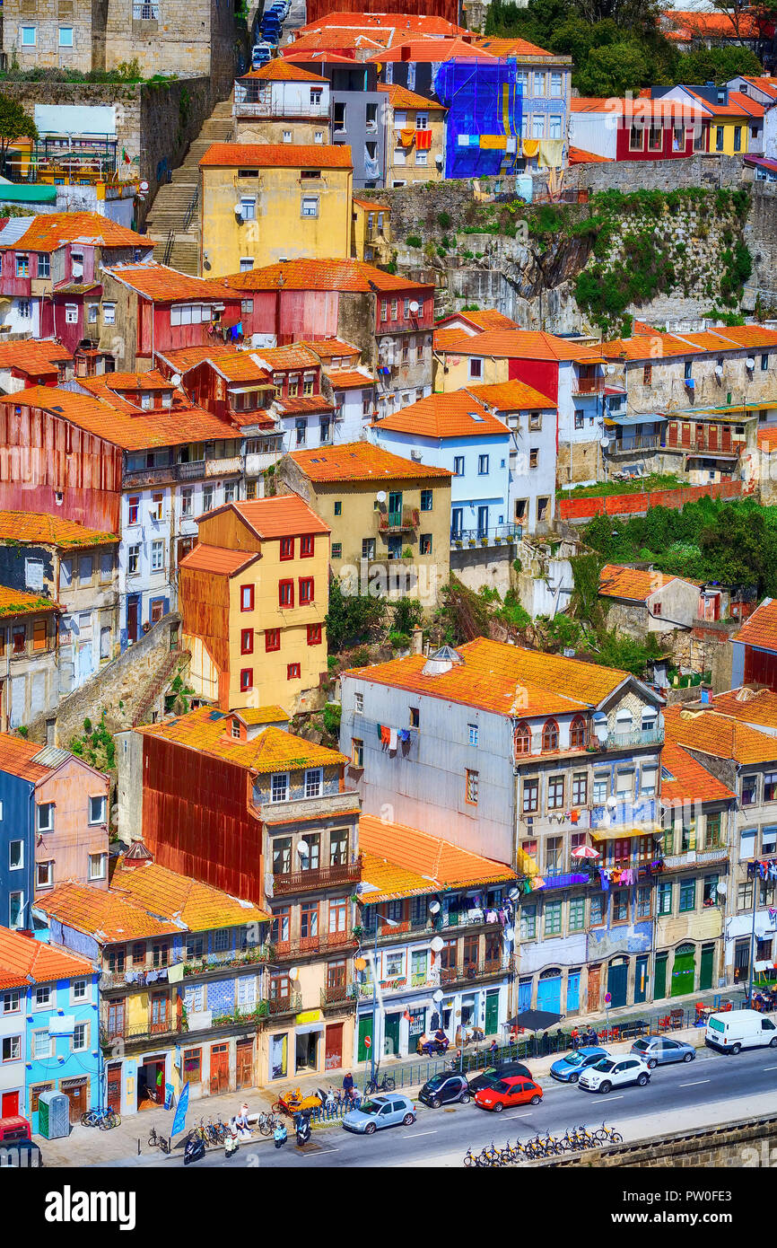 Porto, Portugal old town Ribeira aerial view with colorful traditional ...