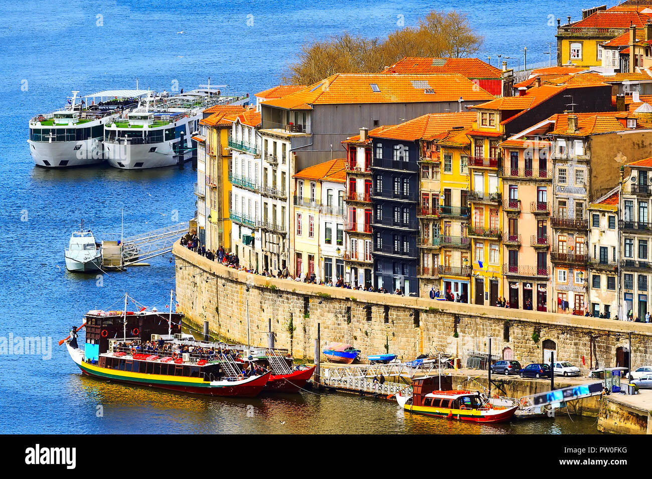 Porto, Portugal old town ribeira aerial promenade view with colorful ...