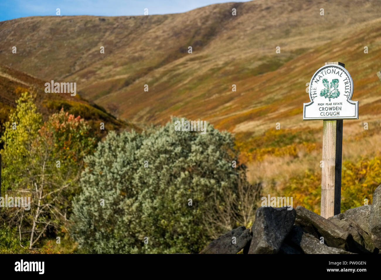 National Trust sign at the start of Crowden Clough leading from Barber ...