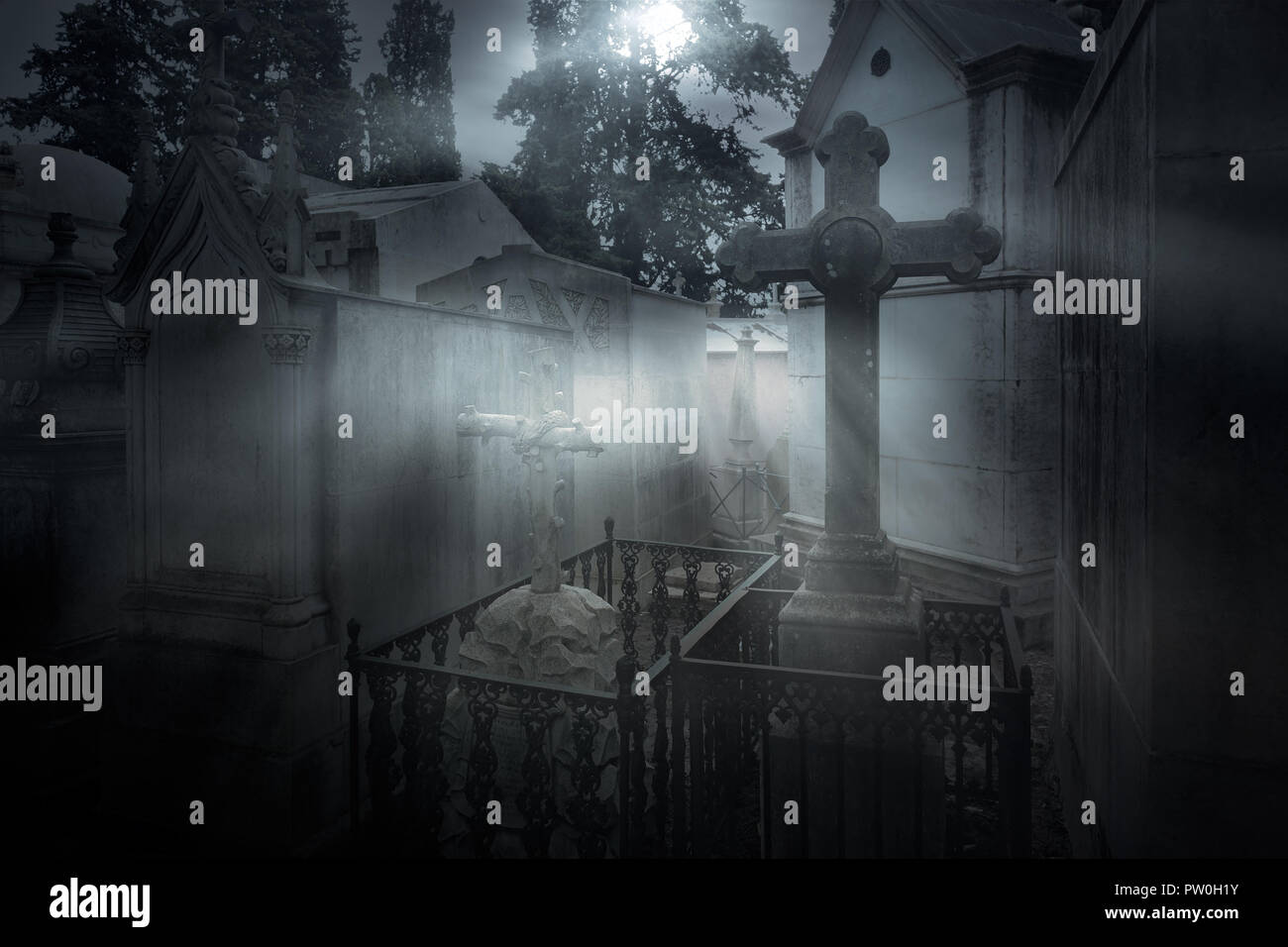 Old european cemetery in a foggy full moon night Stock Photo - Alamy