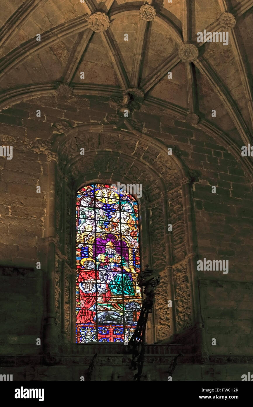 Lisbon, Portugal - March 5, 2014: Jeronimos monastery stained glass ...
