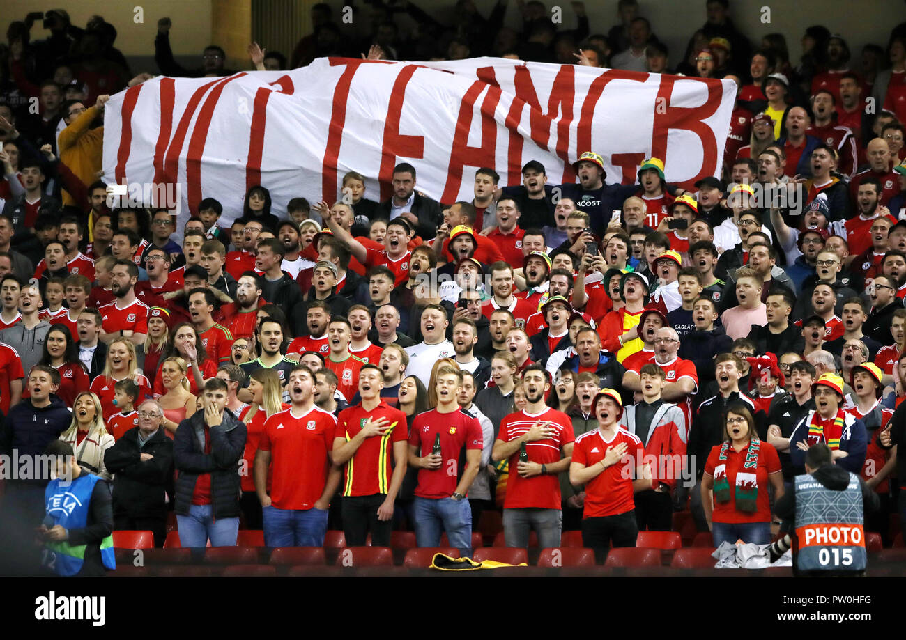Wales fans sing their National Anthem during the International Friendly ...