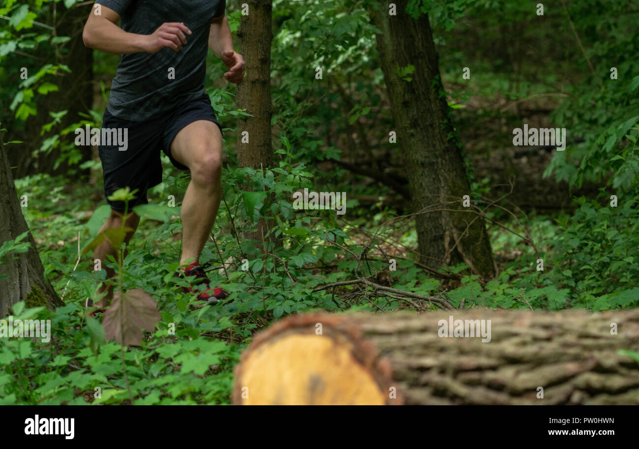 the guy jumps over a large log while participating in an ocr race Stock ...