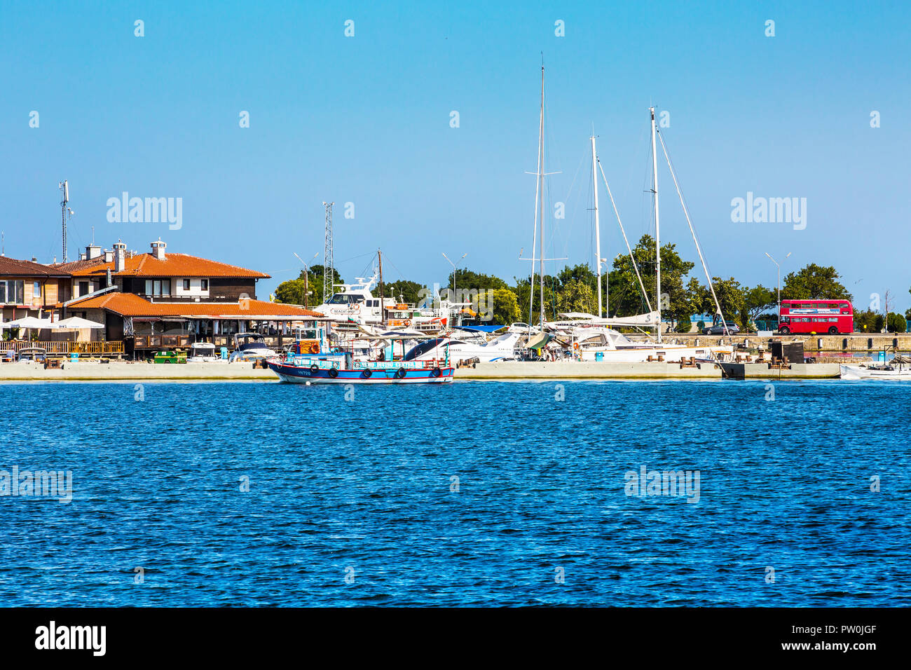 Nessebar, Bulgaria - July 25, 2016: Port, ships and old town view in ...