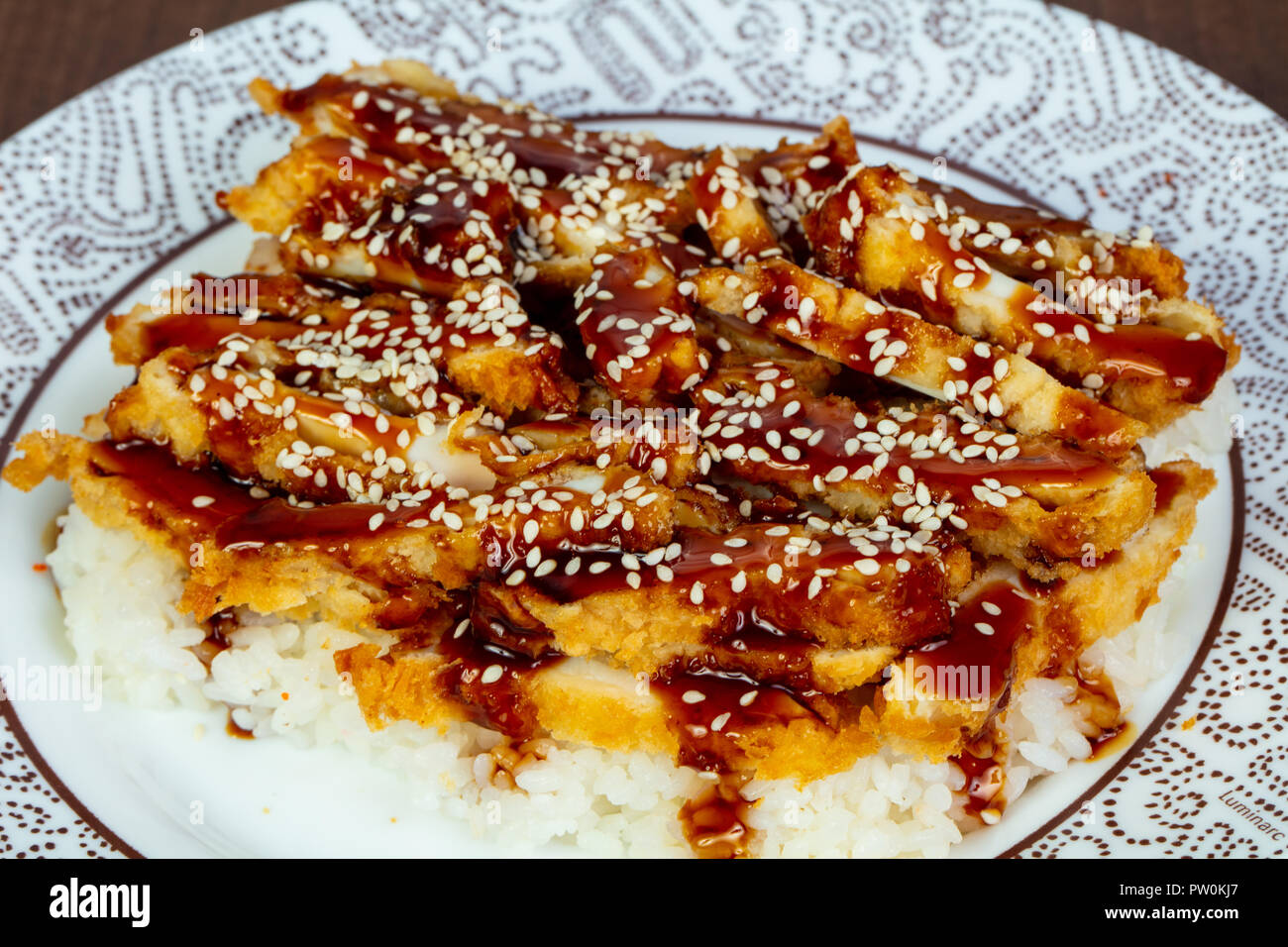 Chicken tempura with rice and teriyaki sauce Stock Photo - Alamy