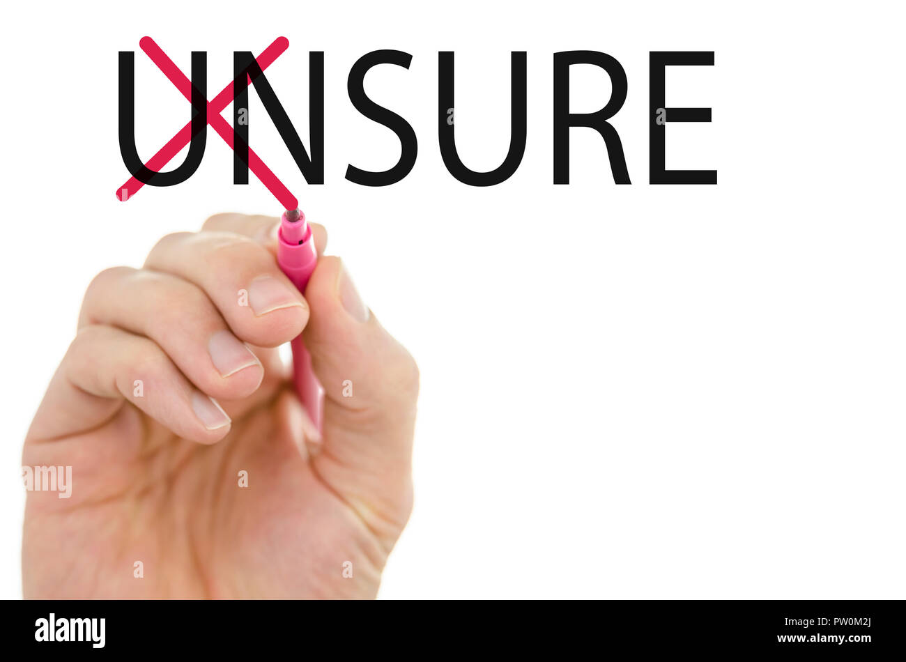 Changing word Unsure into Sure by crossing off letters un Stock Photo ...