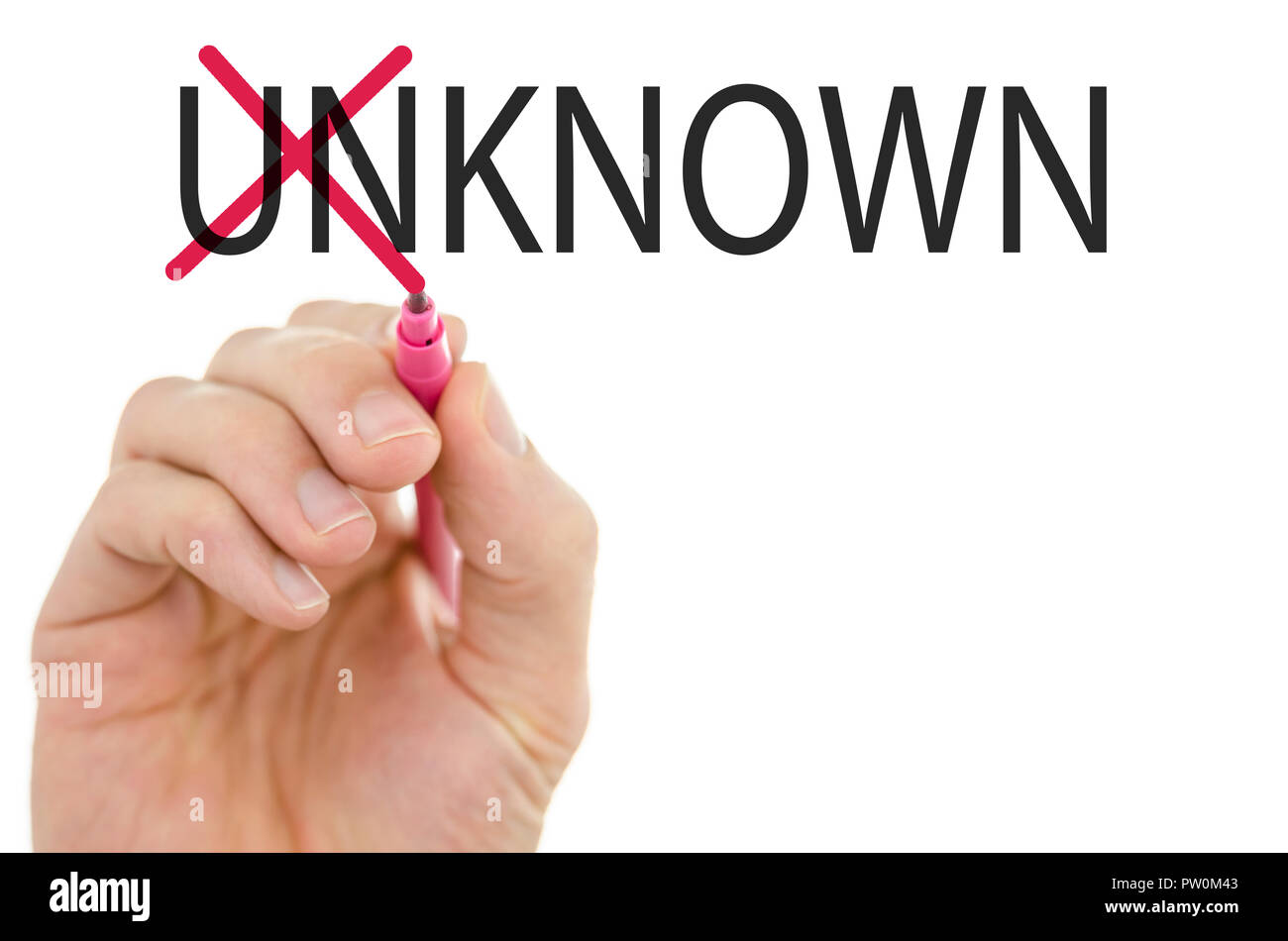 Changing word Unknown into Known by crossing off letters un Stock Photo ...