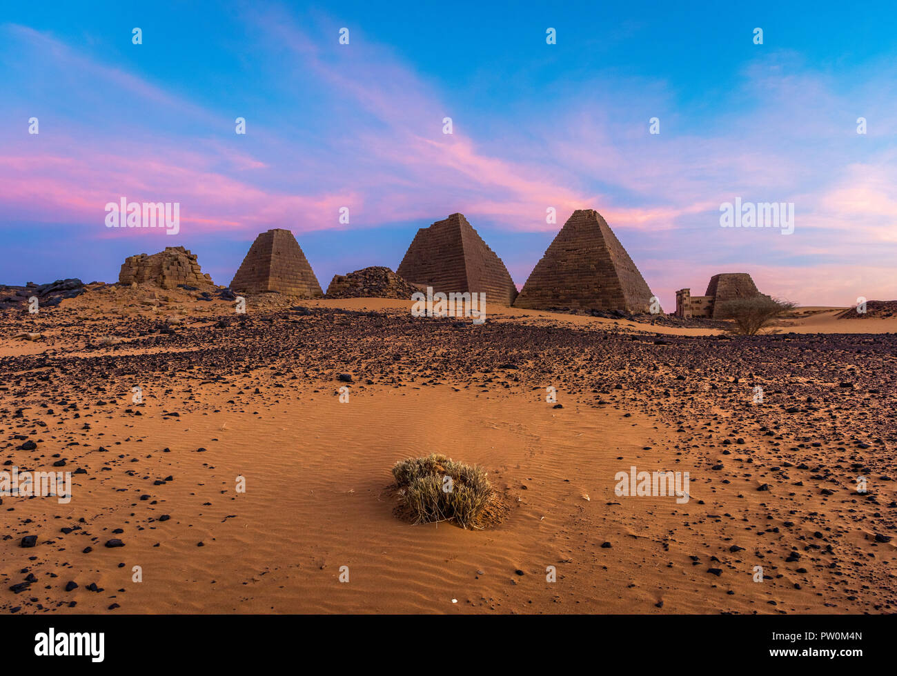 Pyramids of Meroe, Sudan. Meroë is an ancient desert pyramid city, east ...
