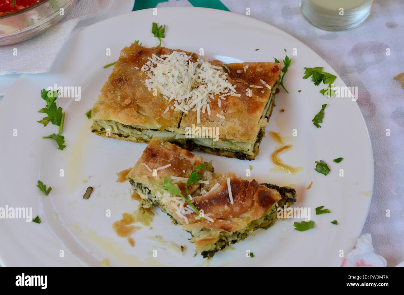 byrek serving at Restaurant Mangalemi berat albania Stock Photo - Alamy