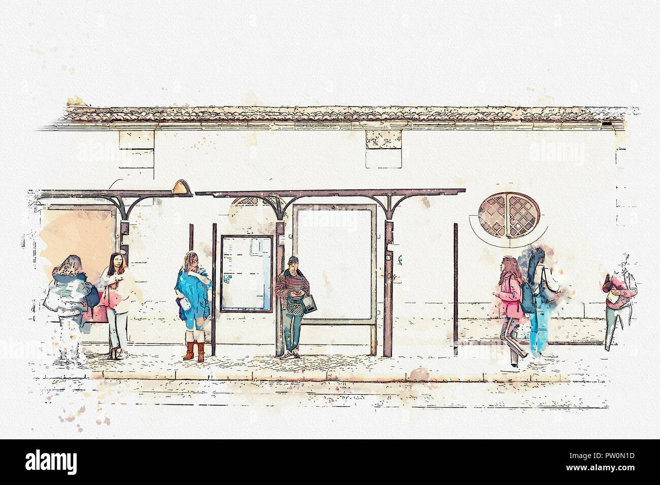 Waiting at a bus stop drawing hi-res stock photography and images - Alamy