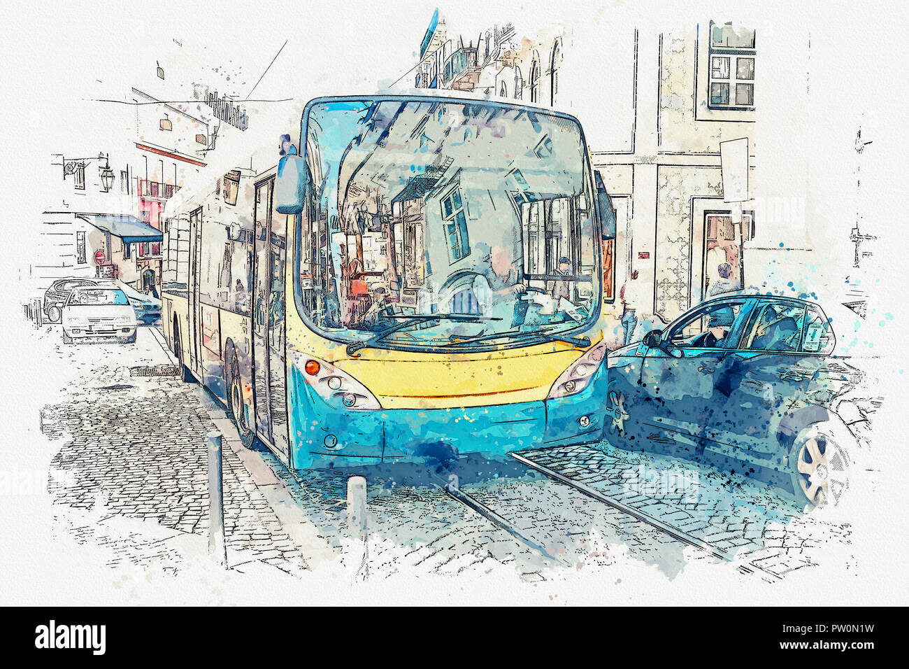 A watercolor sketch or illustration. Lisbon. The bus goes around the ...