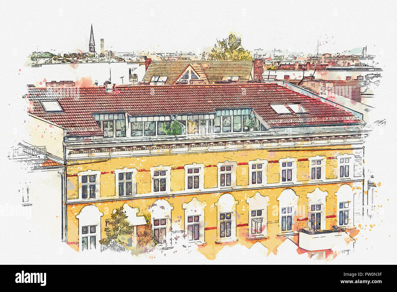 A watercolor sketch or an illustration. Traditional architecture in ...