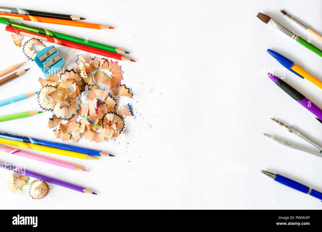 Back to school concept - school office supplies on white background ...