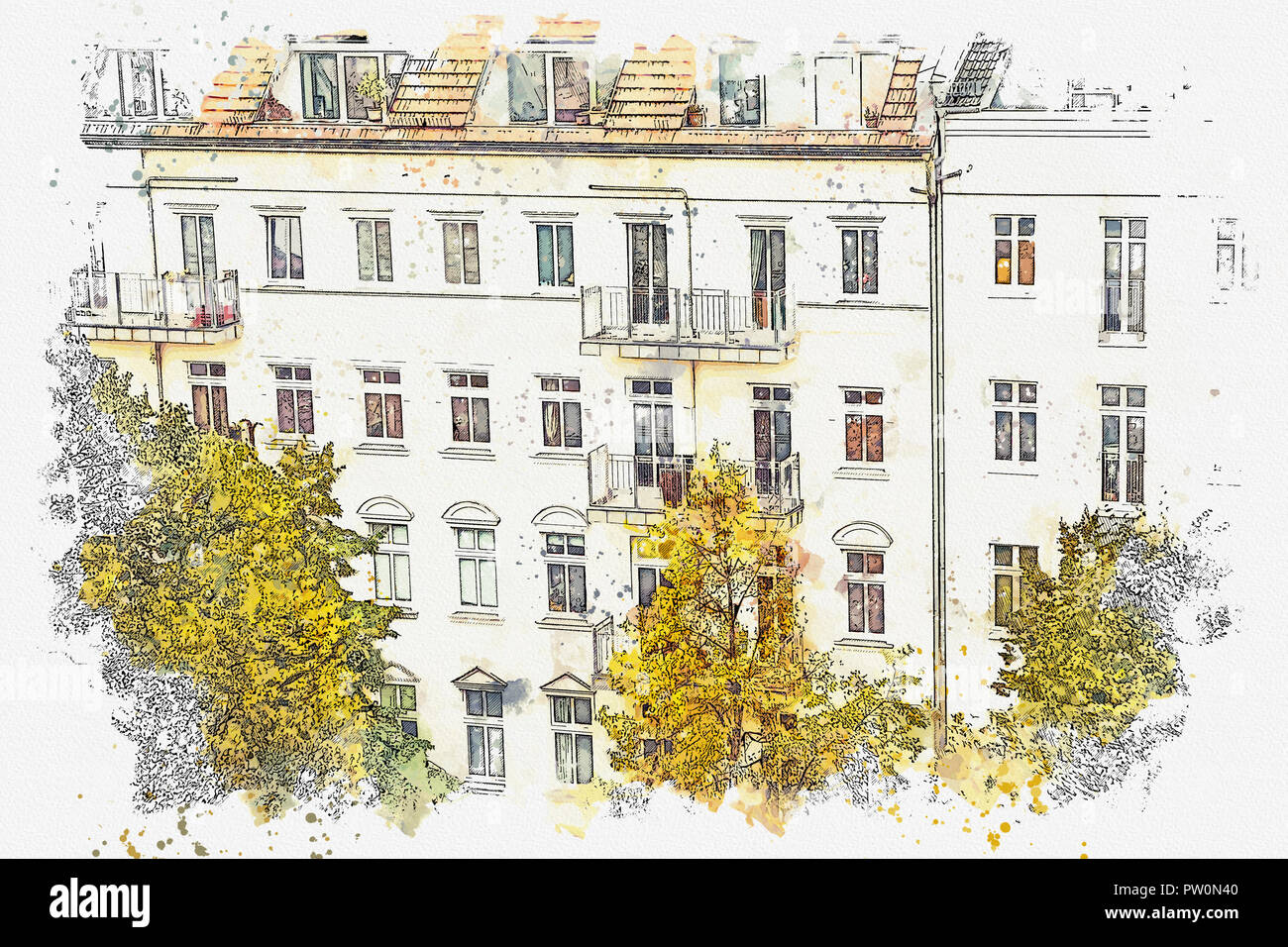A watercolor sketch or an illustration. Traditional architecture in ...