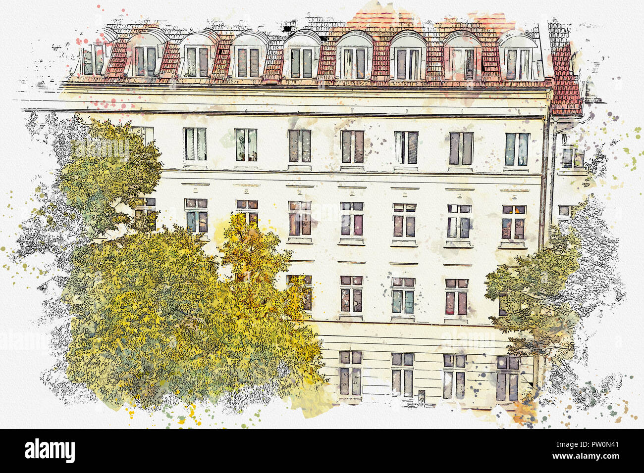 A watercolor sketch or an illustration. Traditional architecture in ...