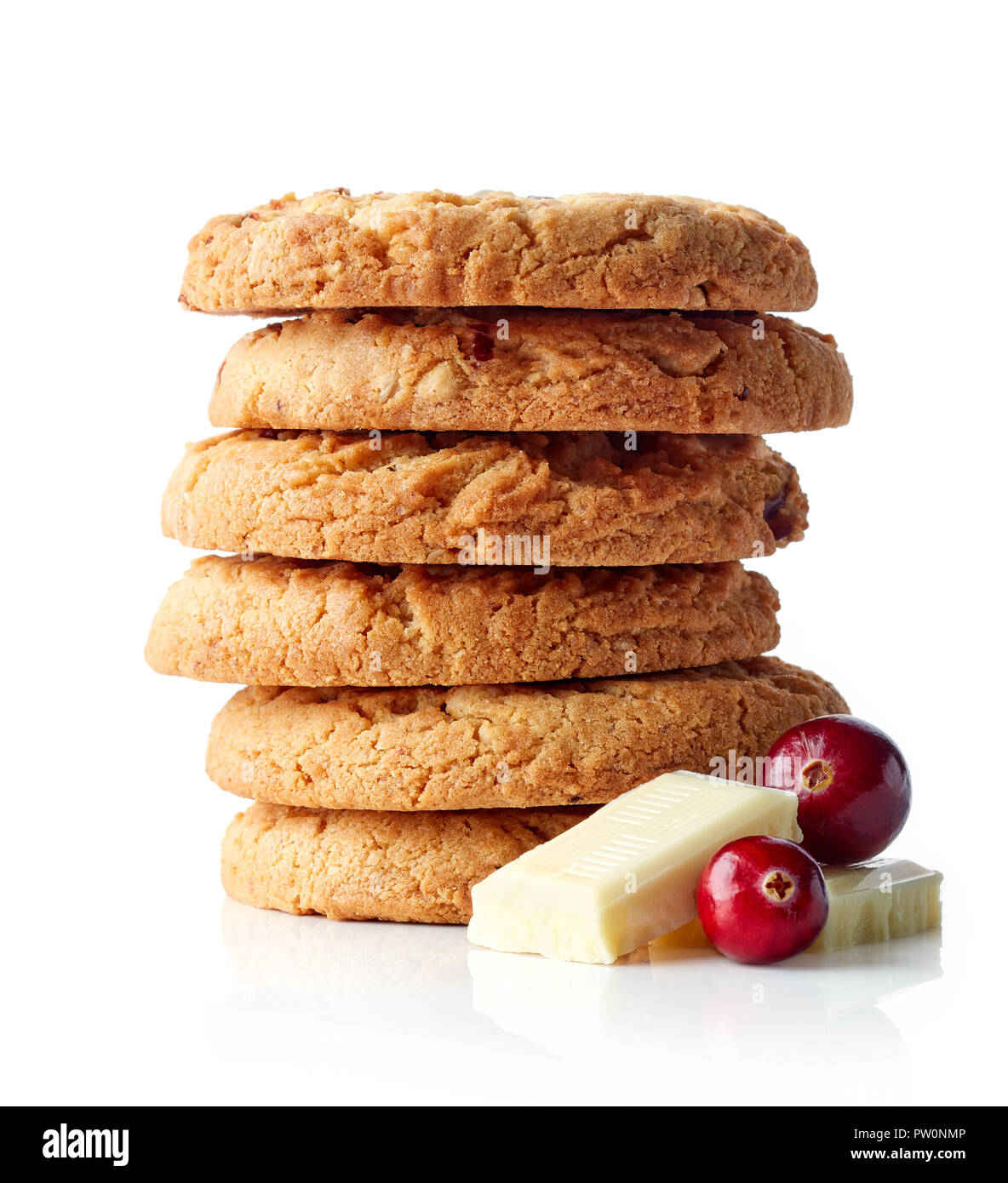 Pile of fresh cookies with white chocolate and cranberries, isolated on ...