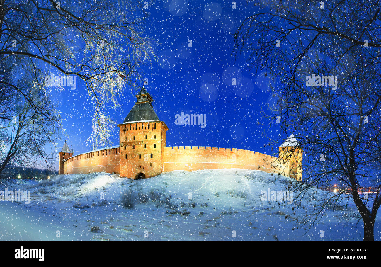 Winter landscape night scene - Novgorod Kremlin fortress in winter ...