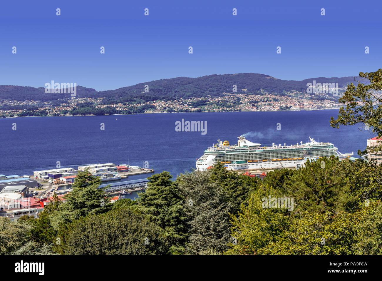panaramic view of Vigo bay port and docks from the grounds of the ...