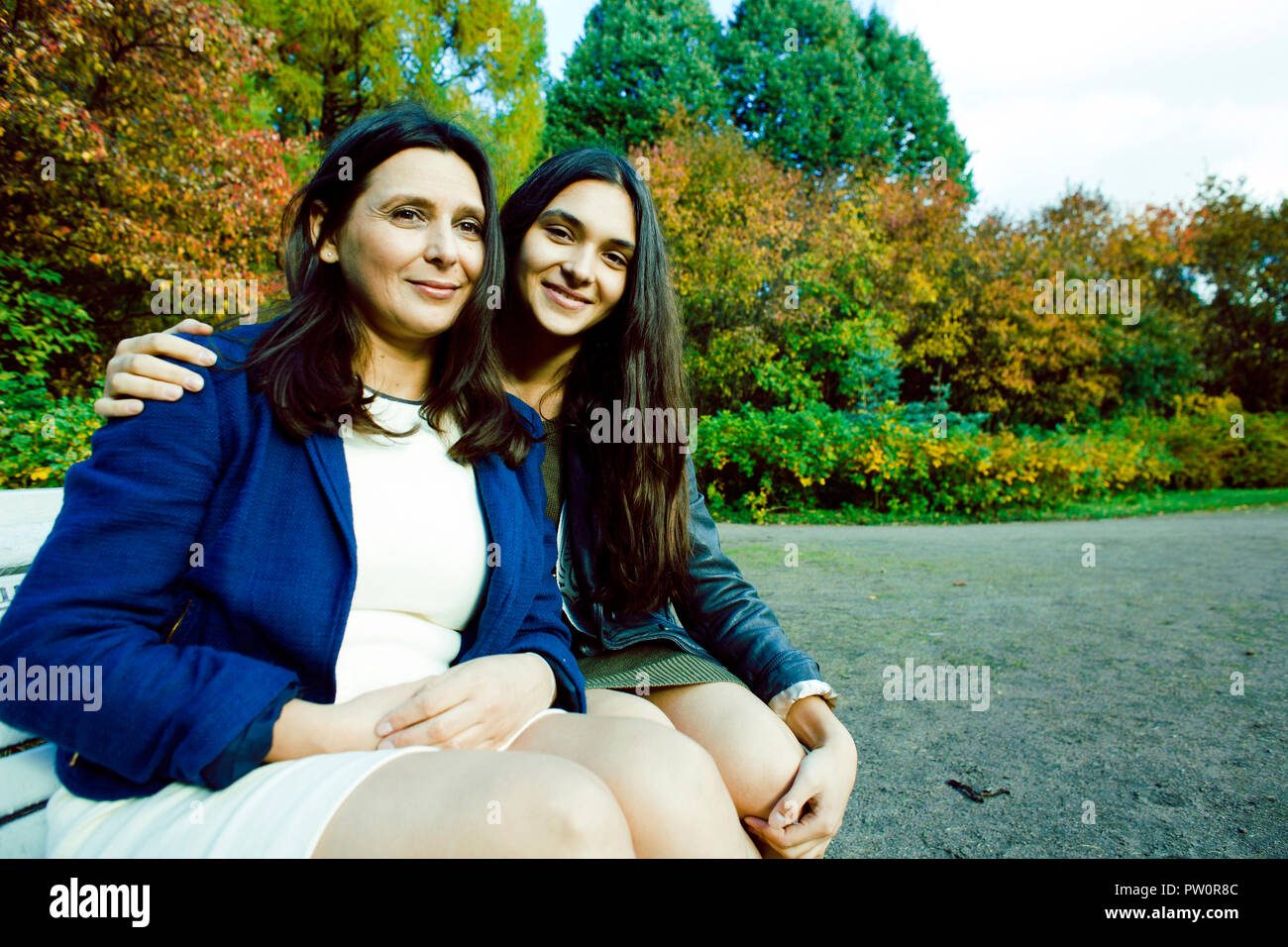 mature real mother with daughter outside autumn fall in park Stock ...