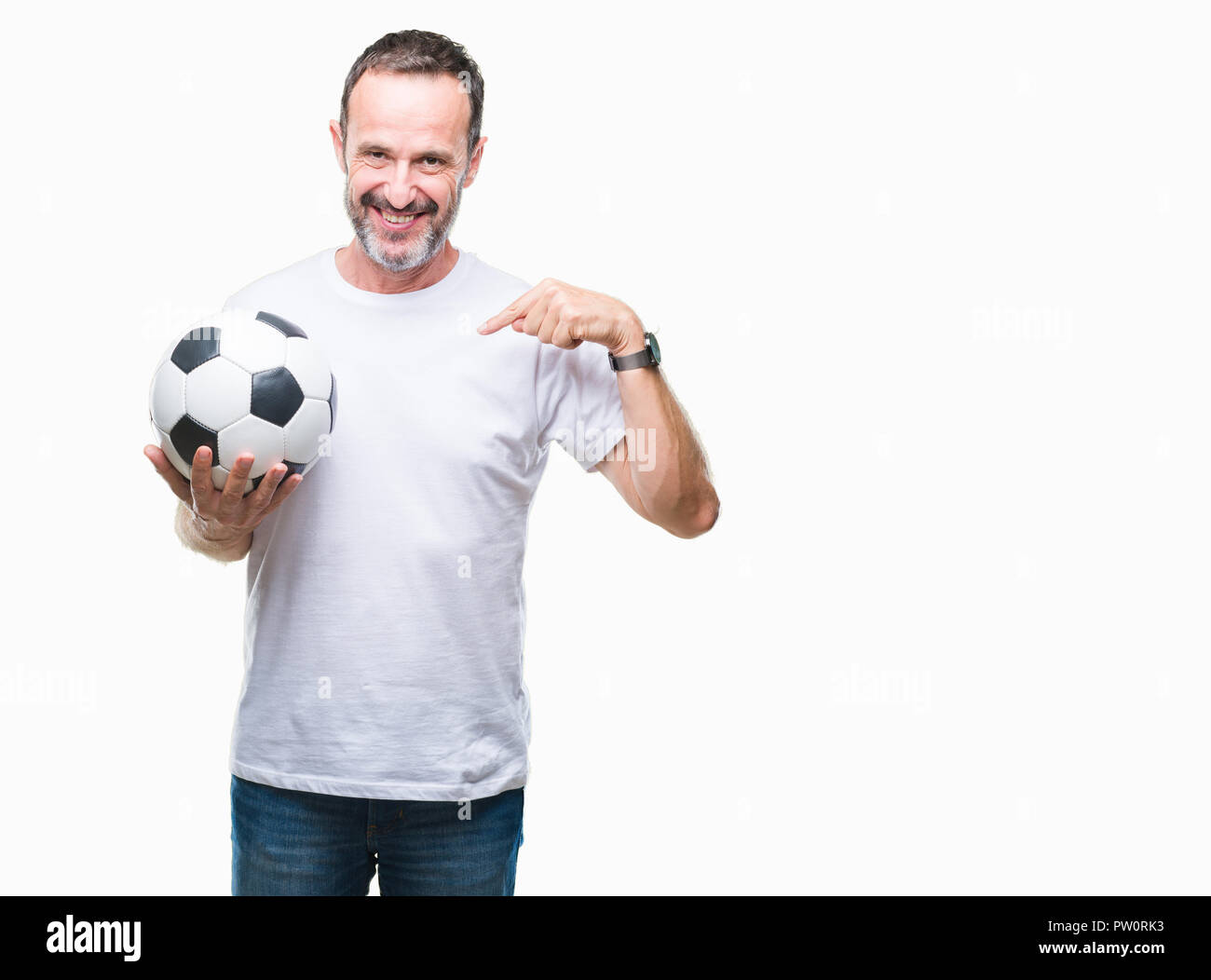Middle age hoary senior man holding soccer football ball over isolated ...