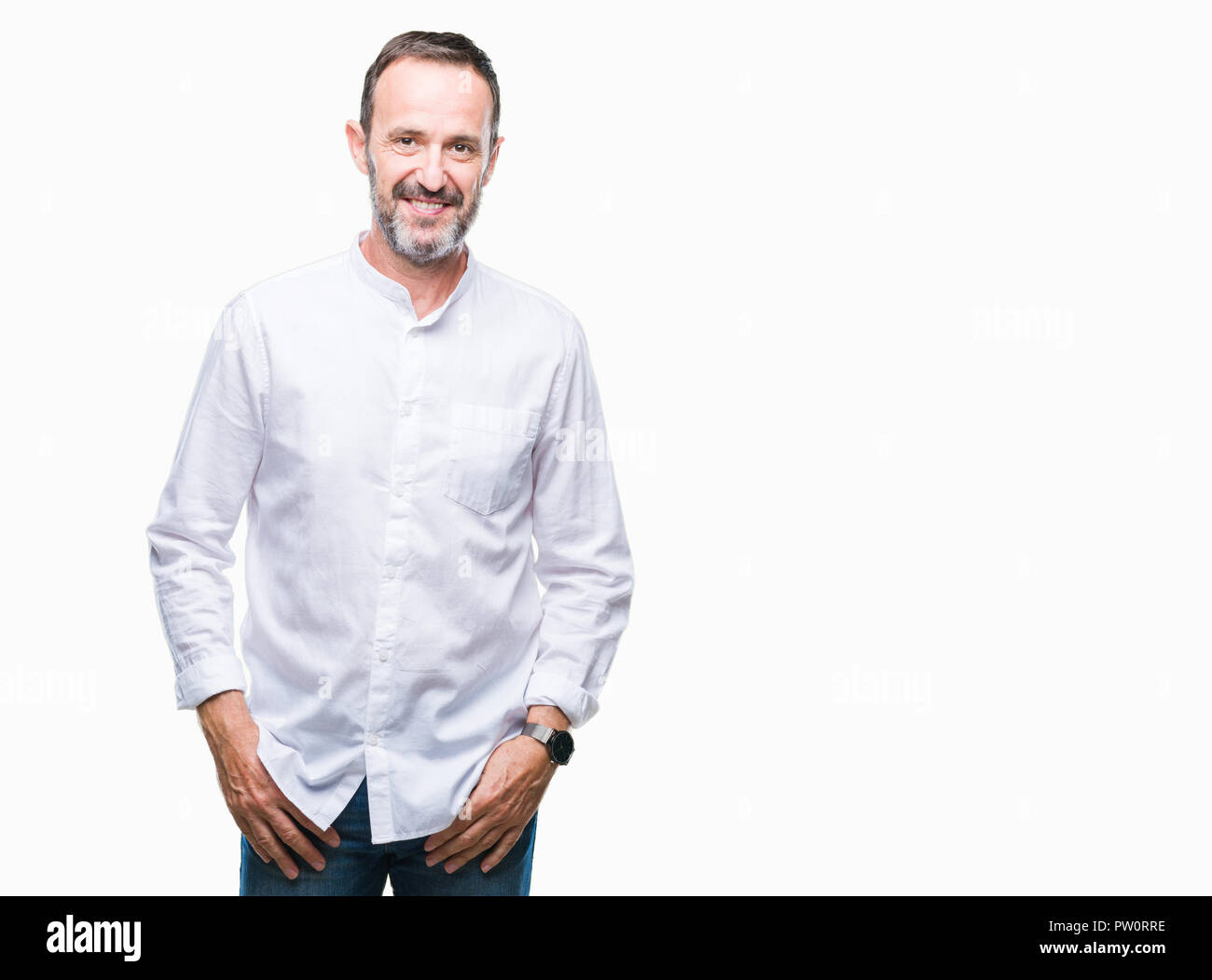 Middle age hoary senior man over isolated background with a happy and ...