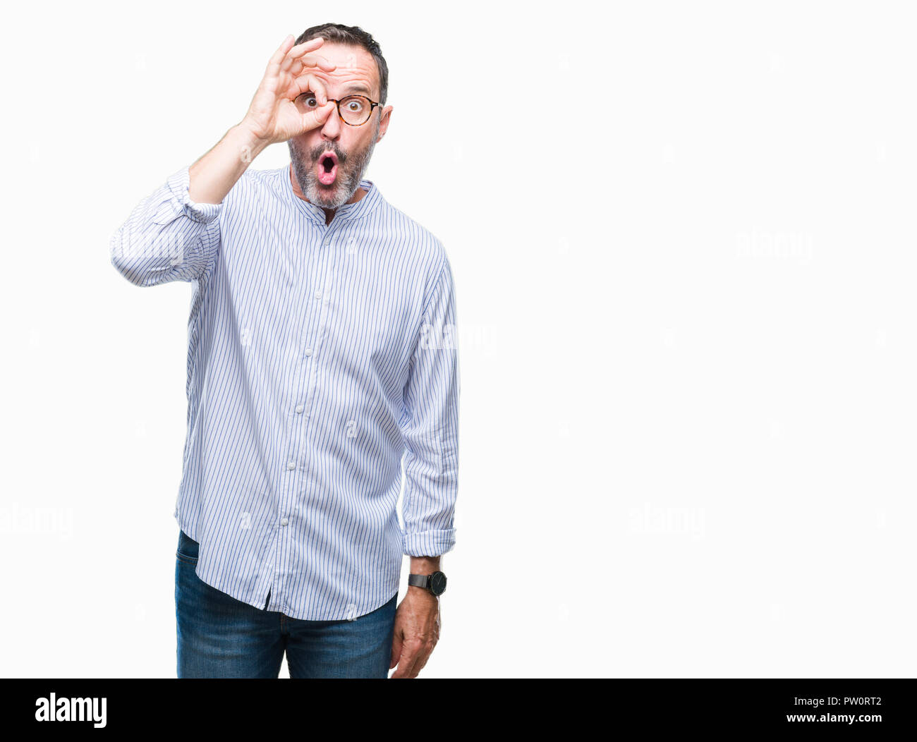 Middle age hoary senior man wearing glasses over isolated background ...