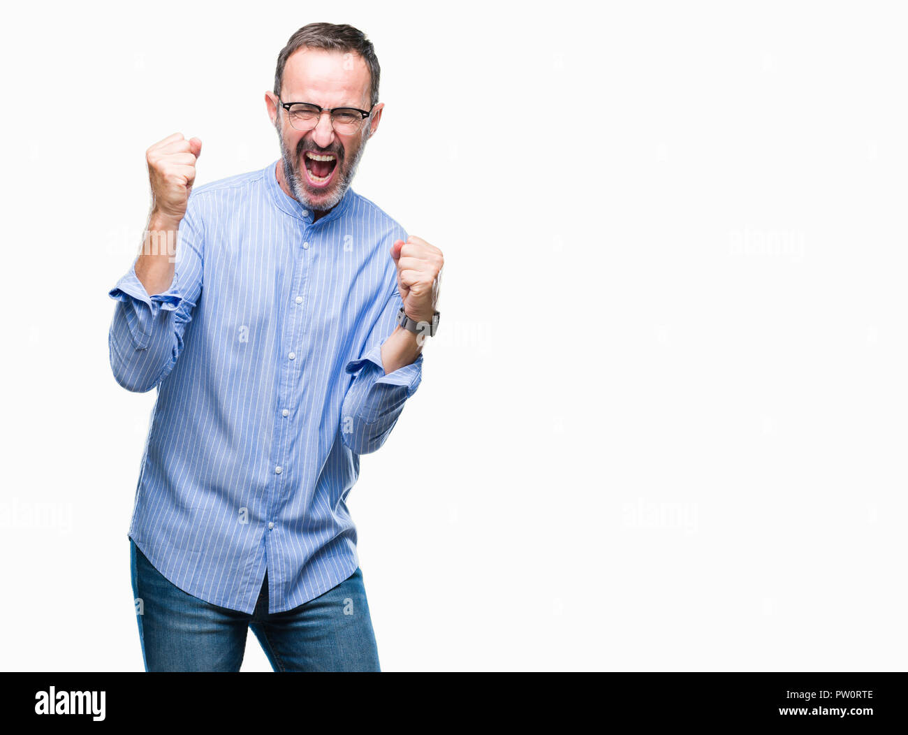 Middle age hoary senior man wearing glasses over isolated background ...