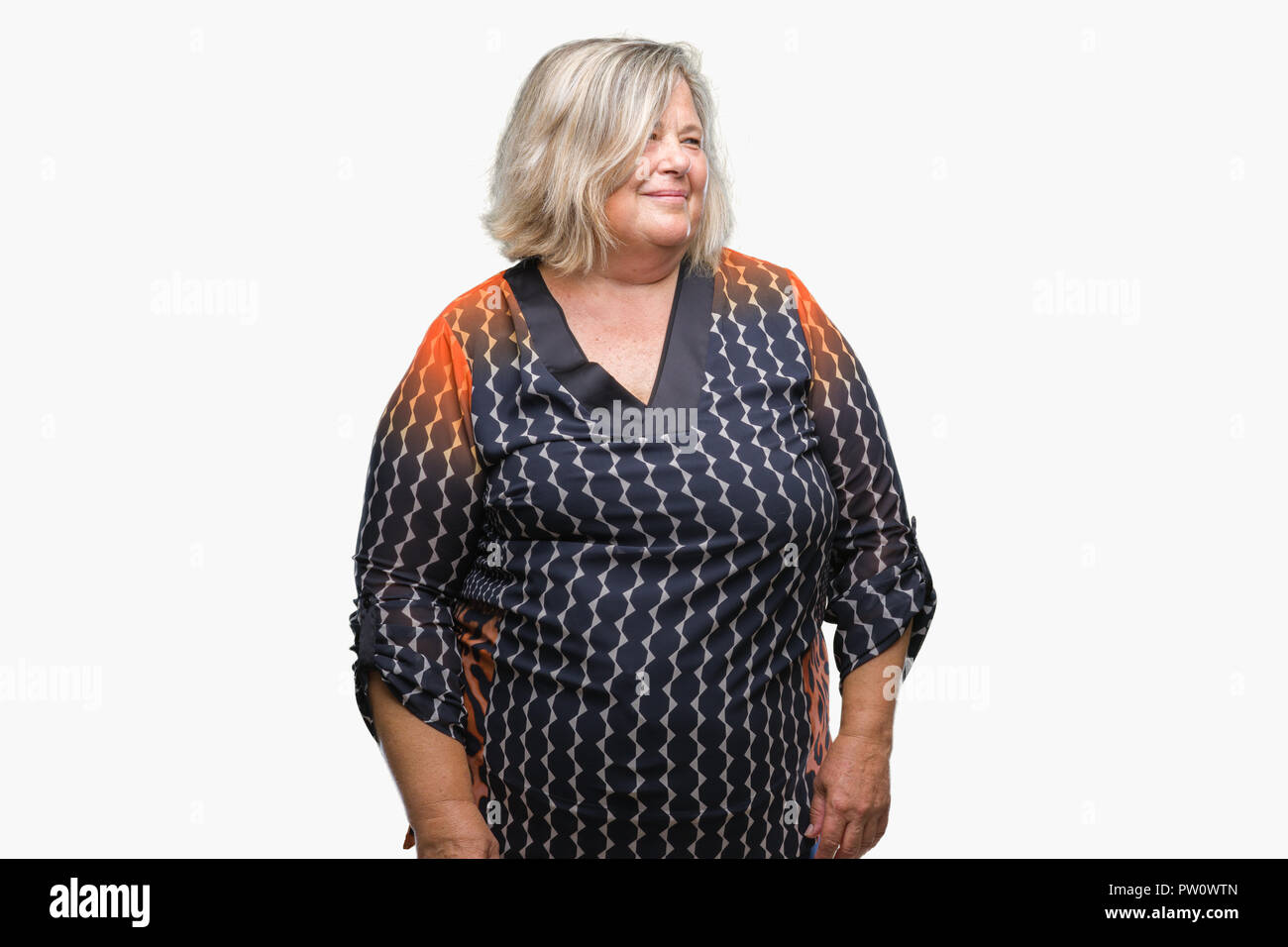 Senior plus size caucasian woman over isolated background looking away ...